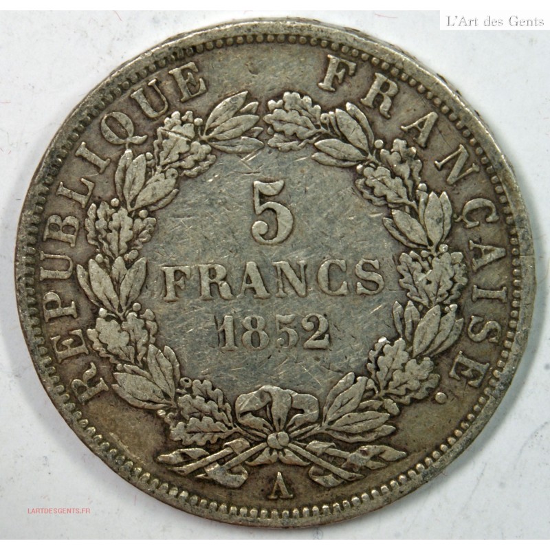 Ecu 5 francs 1852 A Paris Napoléon III tête nue, lartdesgents.fr